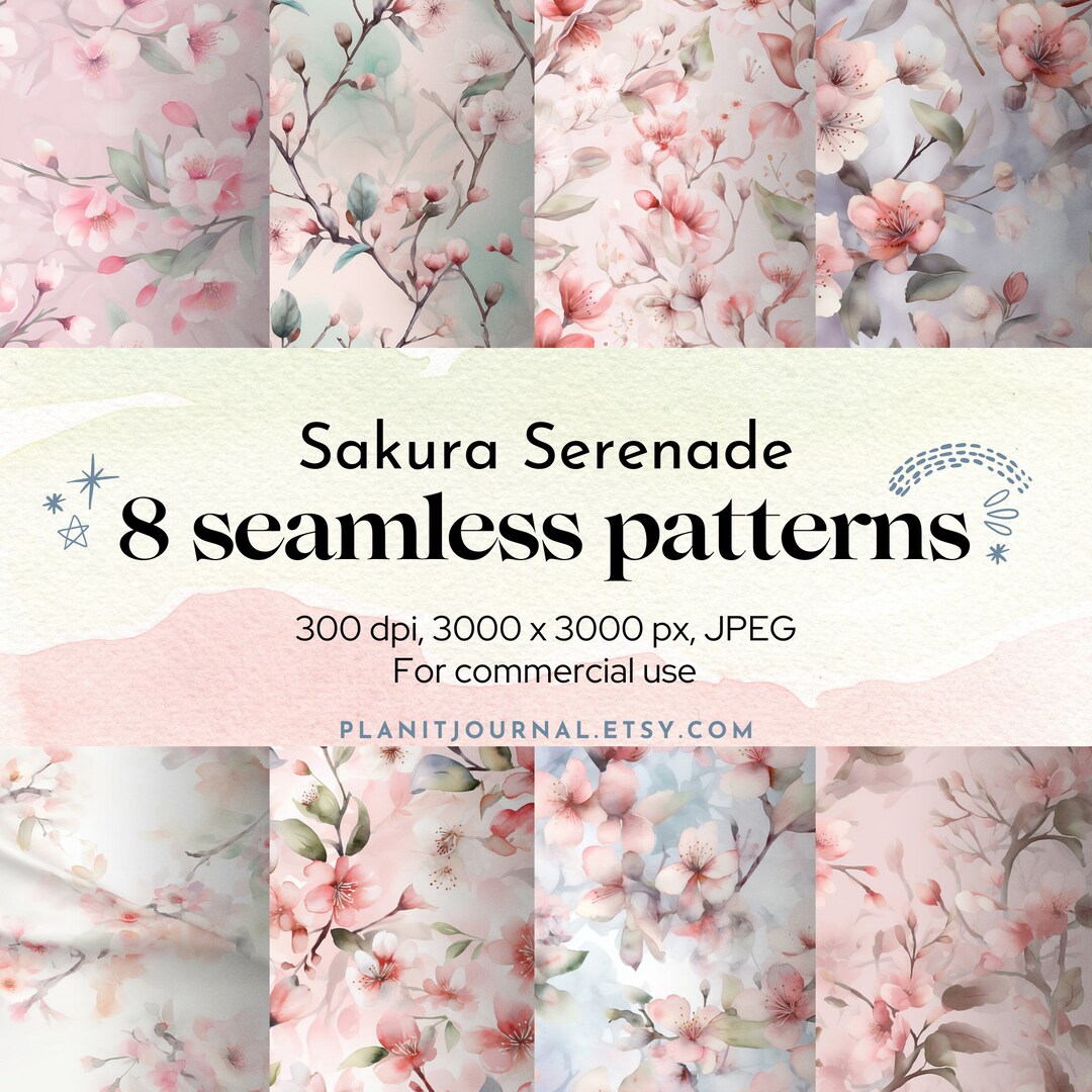Sakura Watercolor Seamless Patterns: Japanese Cherry Blossom Digital ...