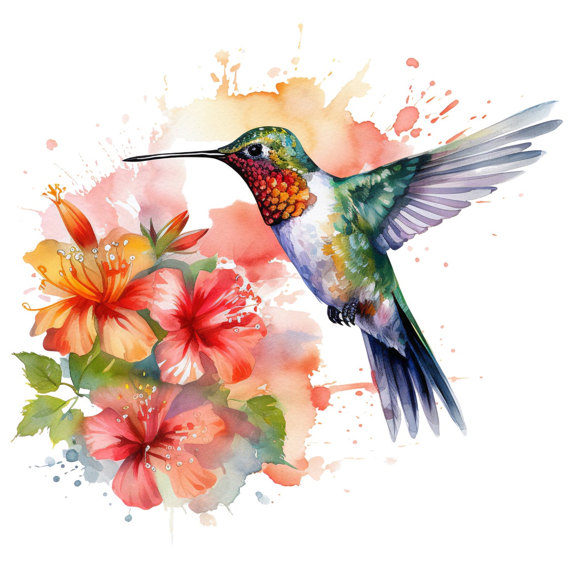 12-whimsical Hummingbird Watercolor in a Botanical Garden - Etsy