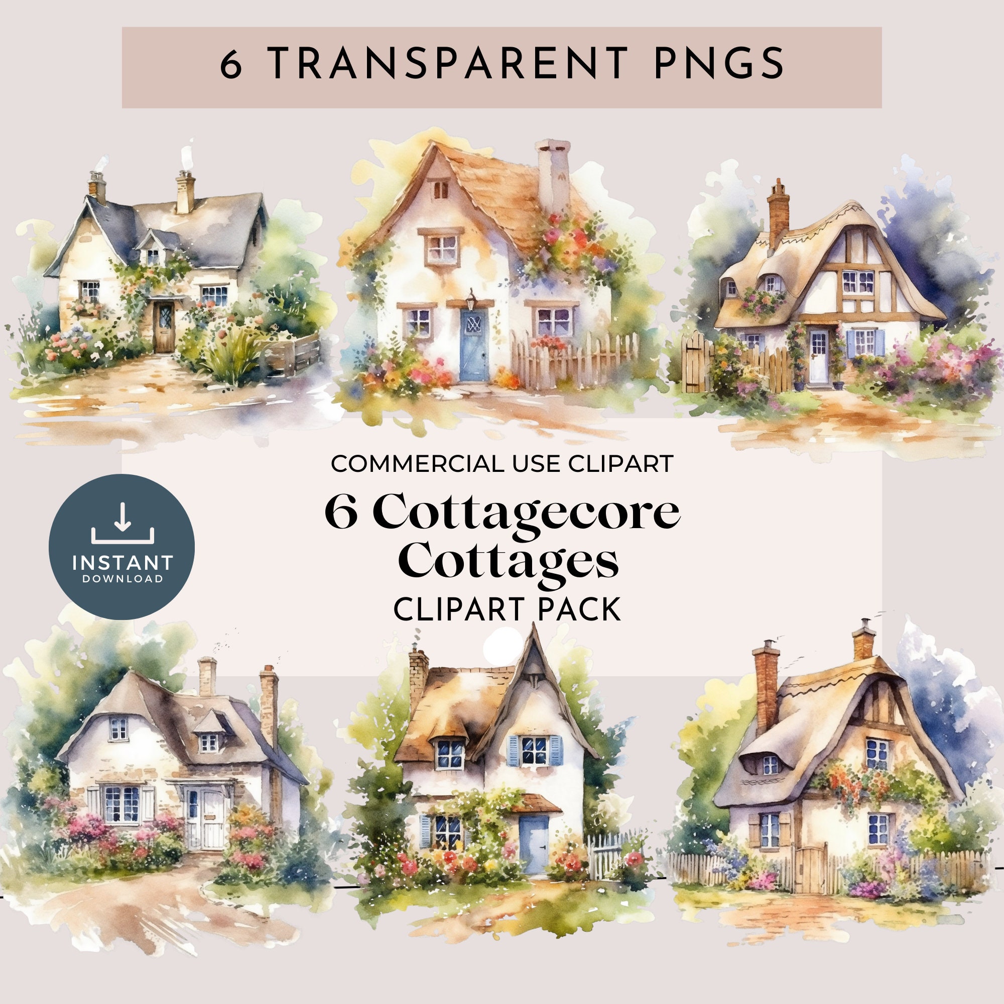 Cottagecore Watercolour Cottages Clipart Set With 6 - Etsy