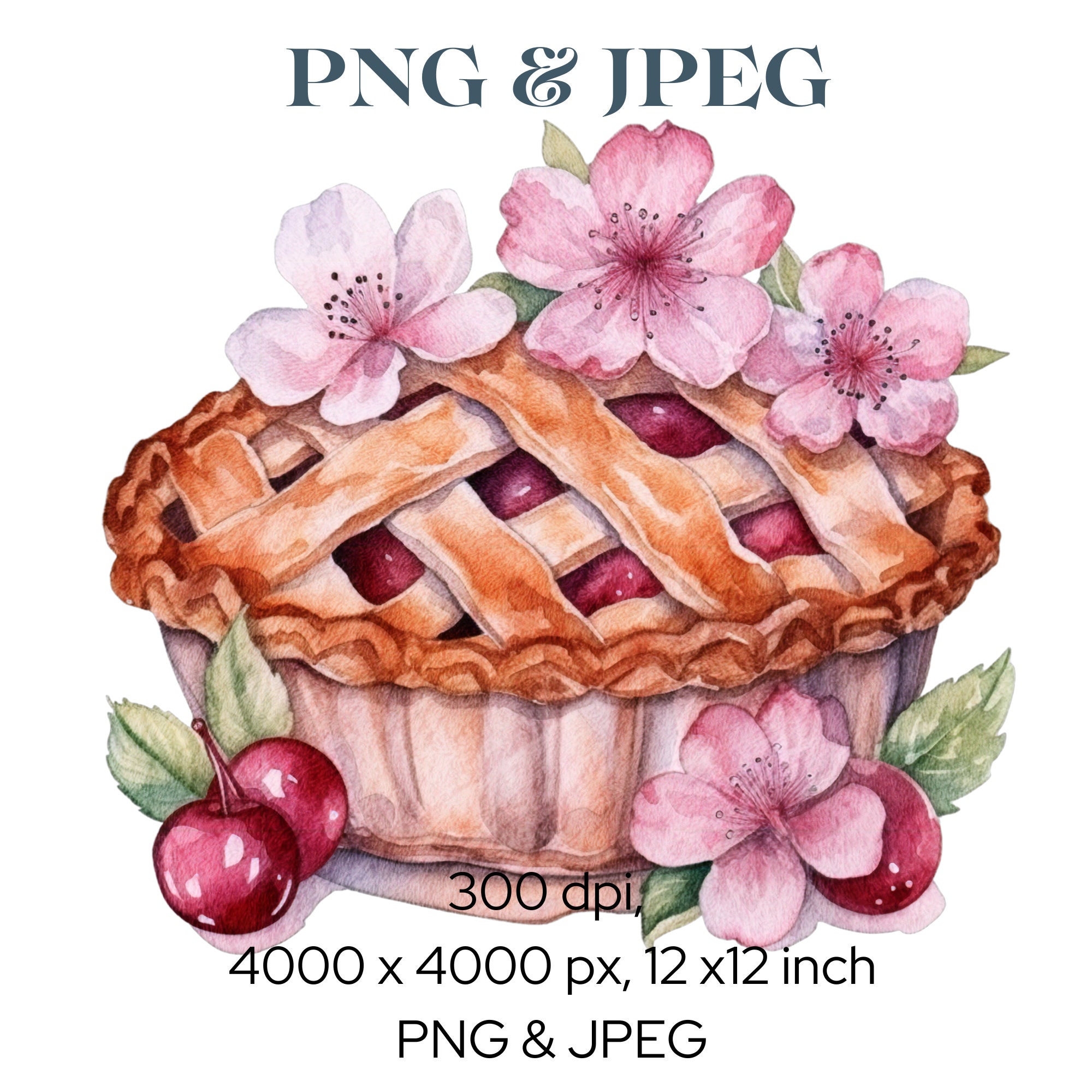 Cherry Pie Watercolor Clipart: Baking Illustration (PNG JPG Digital ...