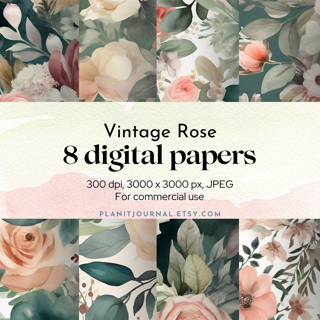 Vintage Rose Digital Paper Pack: 8 Ai-crafted JPEG Files (commercial ...