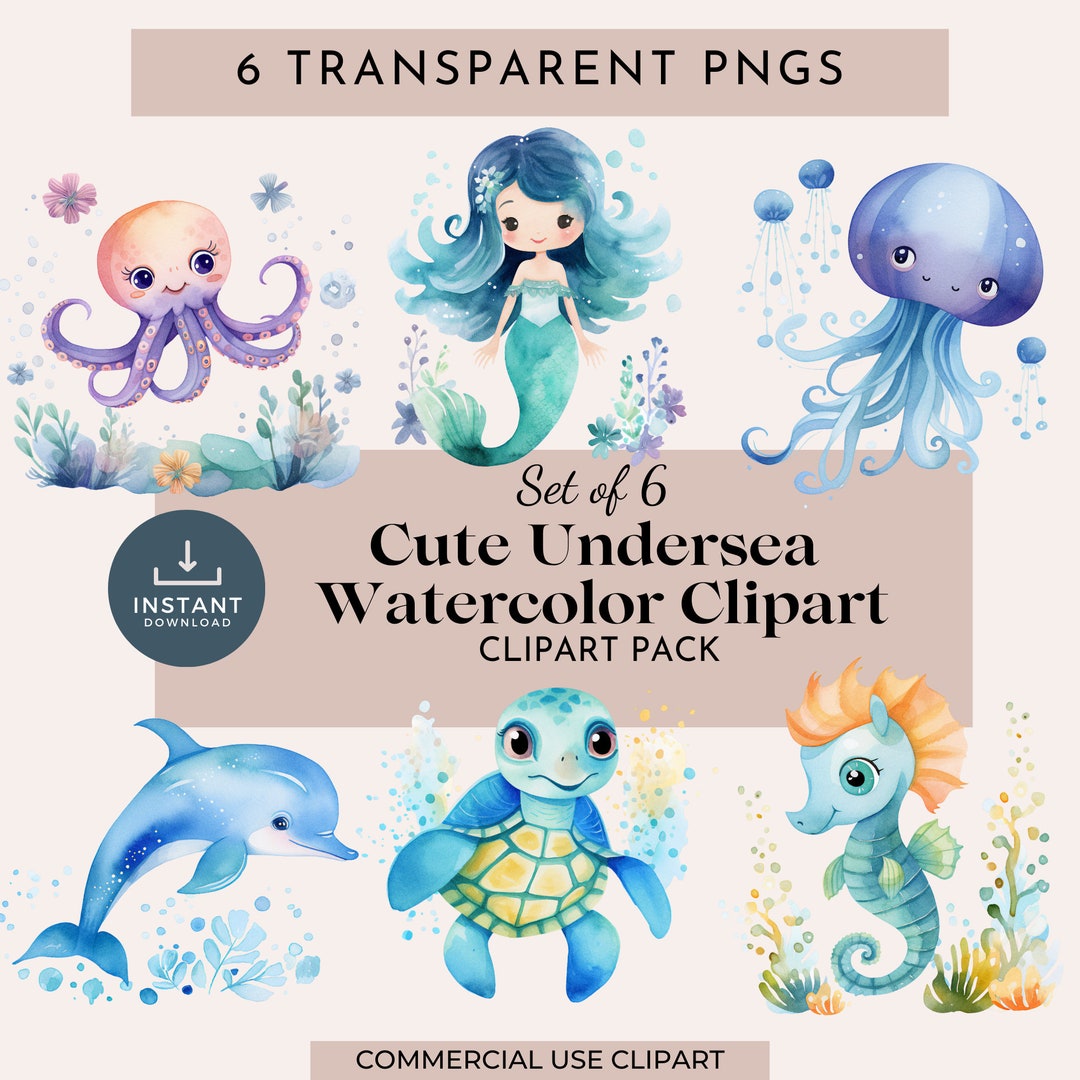 Cute Undersea Watercolor Clipart Set for Commercial Use: 6 Transparent ...