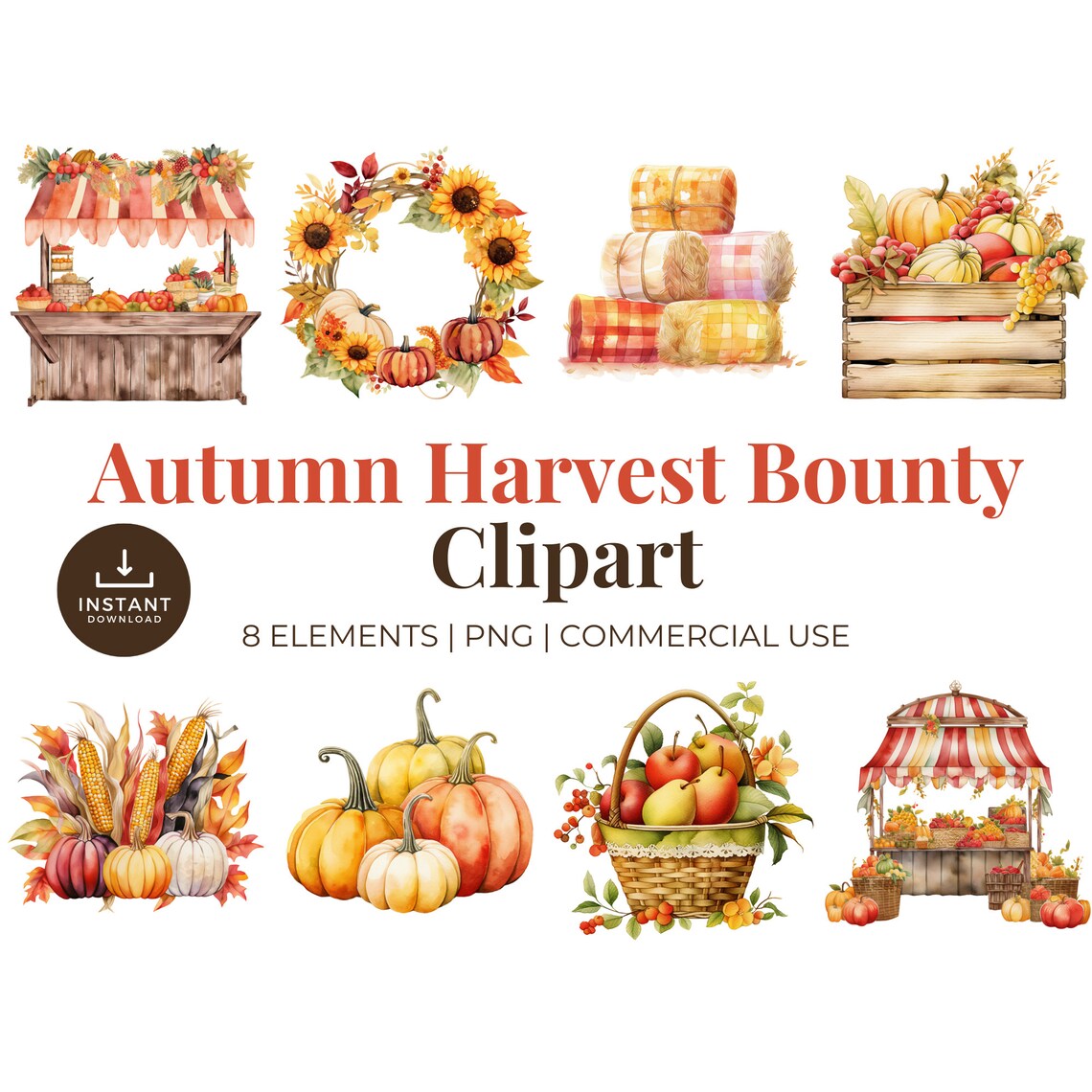 Autumn Harvest Bounty Clipart for Commercial Use: 8 Transparent Pngs ...