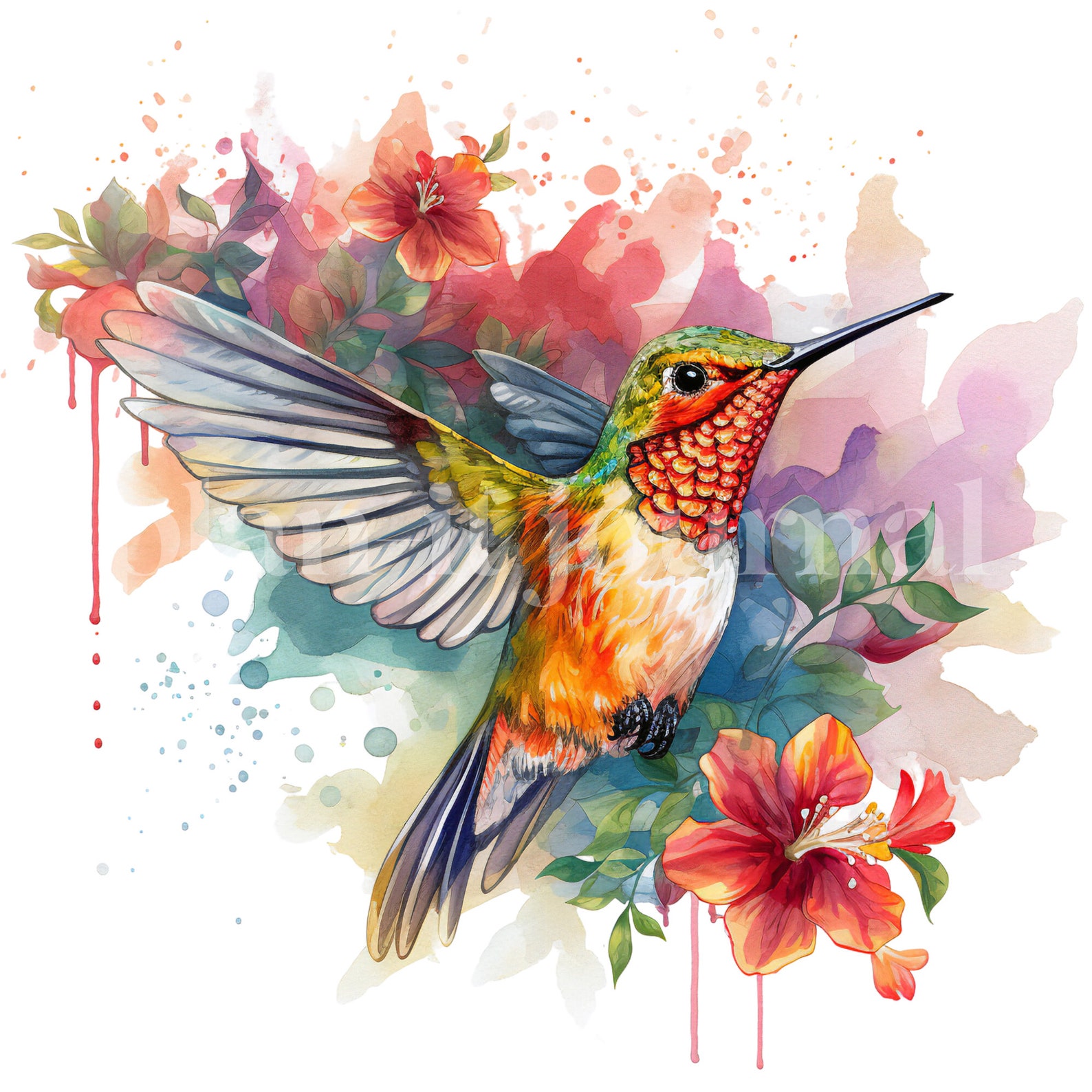 12-whimsical Hummingbird Watercolor in a Botanical Garden - Etsy