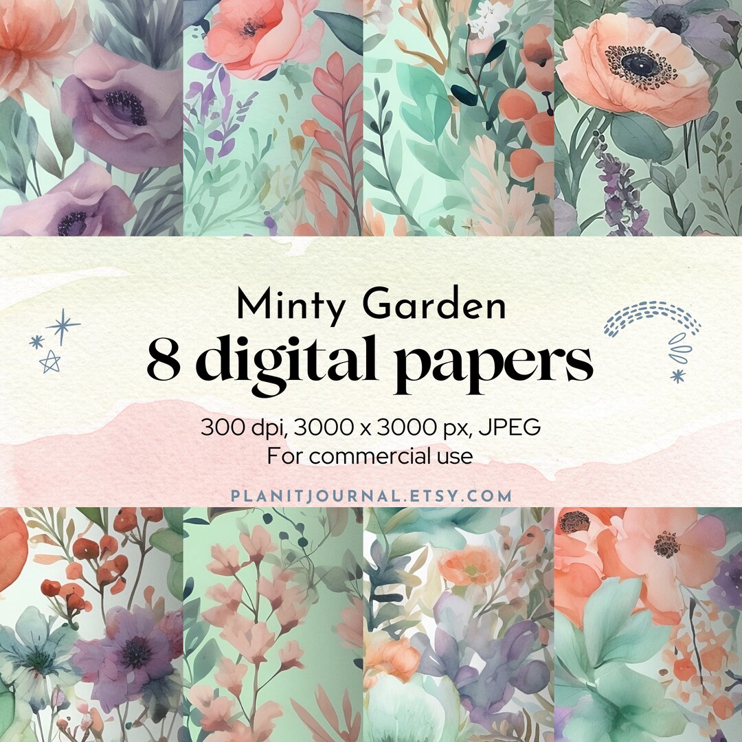Minty Garden Digital Paper Set: Floral Scrapbook Paper (commercial ...