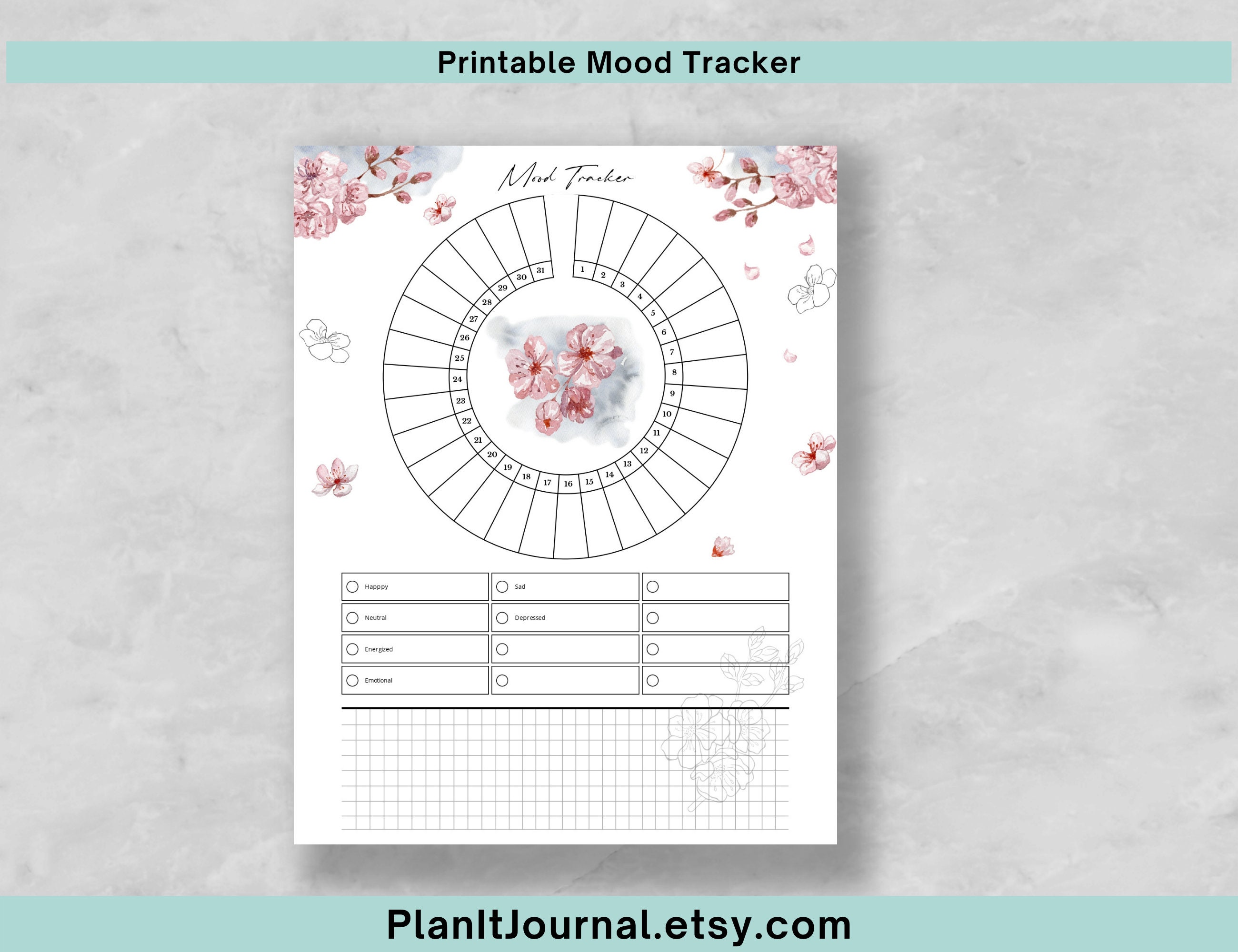 Mood Tracker Printable Digital Download, US Letter, Mood Log, Cherry ...