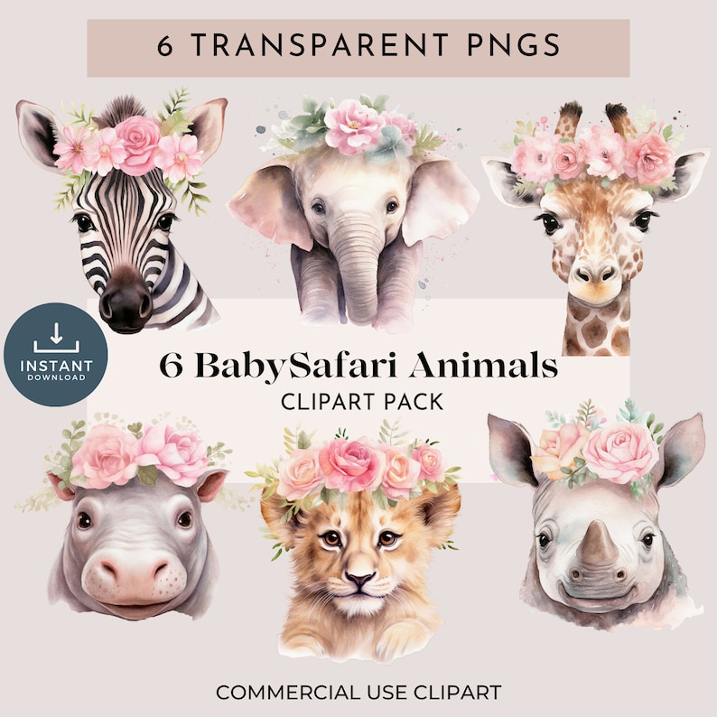 Watercolor Baby Safari Animal Clipart Set: 6 PNG Graphics (commercial ...