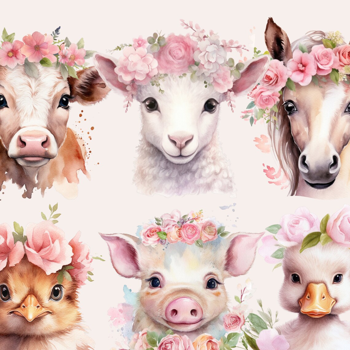 Cute Farm Animals Clipart, Watercolor Baby Farm Animals Set With ...