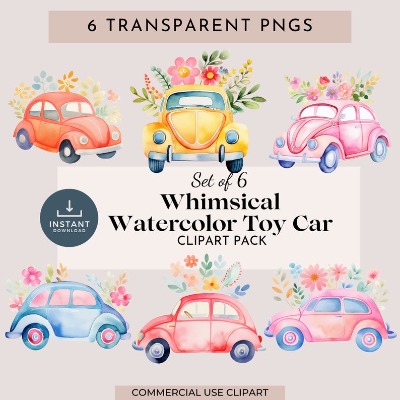 Whimsical Watercolor Toy Car Clipart Set for Commercial Use: 6 ...