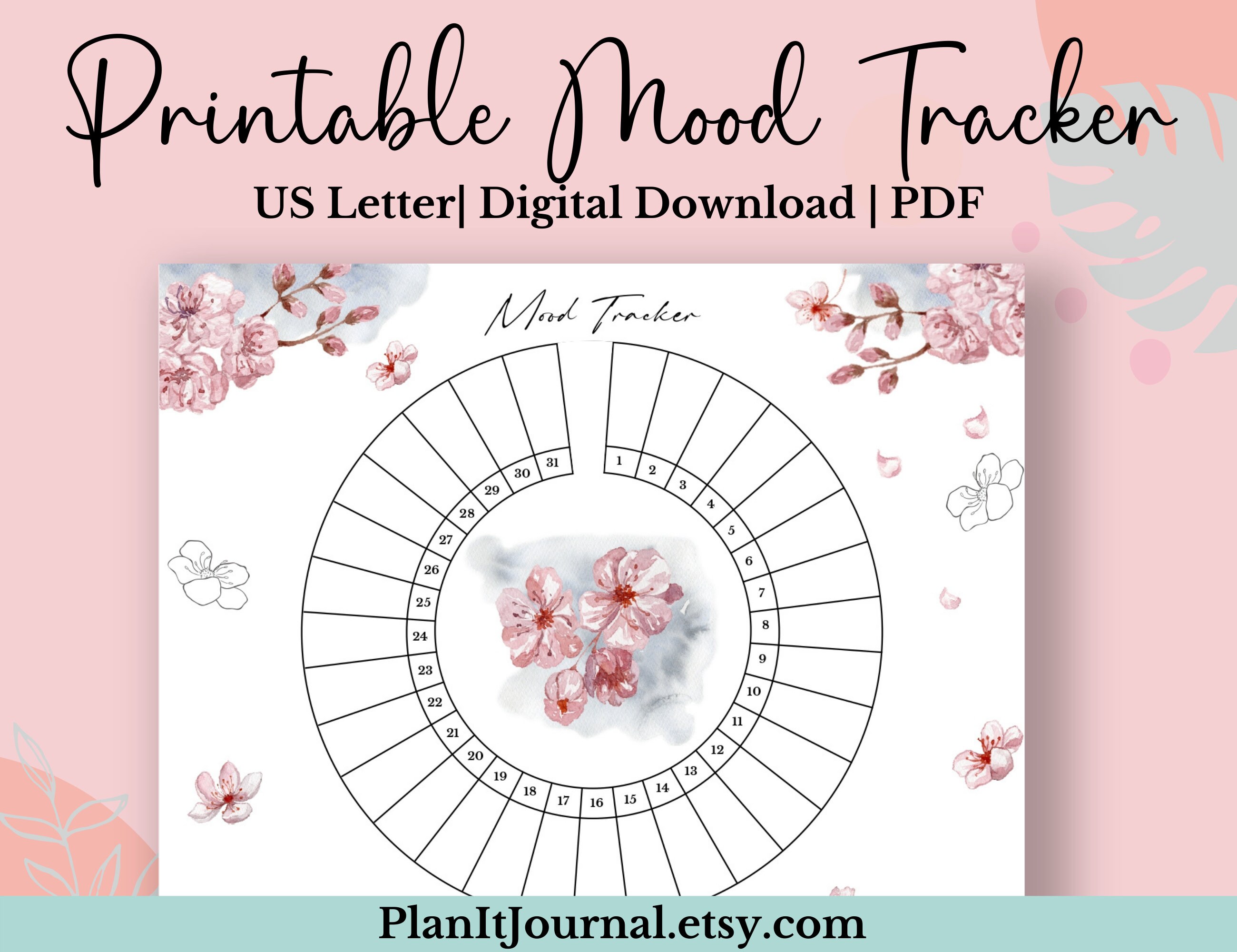 Mood Tracker Printable Digital Download, US Letter, Mood Log, Cherry ...