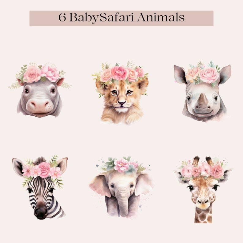 Watercolor Baby Safari Animal Clipart Set: 6 PNG Graphics (commercial ...