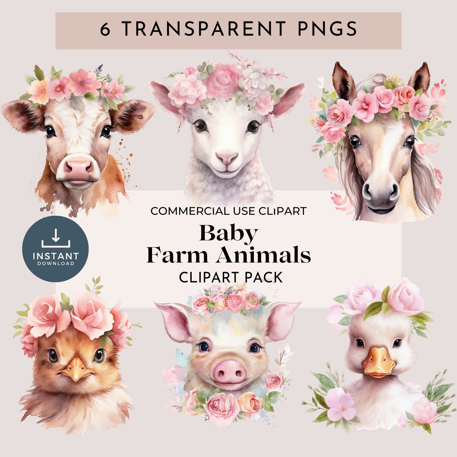 Cute Farm Animals Clipart, Watercolor Baby Farm Animals Set With ...