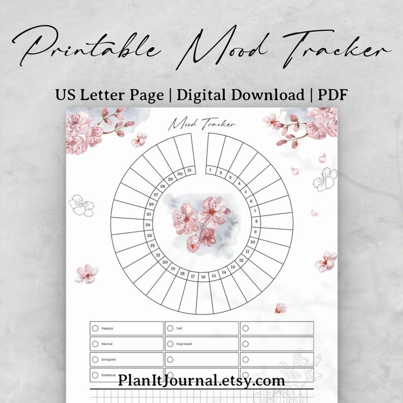 Mood Tracker Printable Digital Download, US Letter, Mood Log, Cherry ...