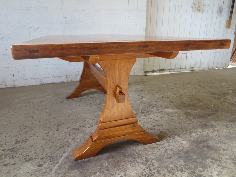 French Country Pine Trestle Table Golden Oak Color Rustic Farmhouse ...