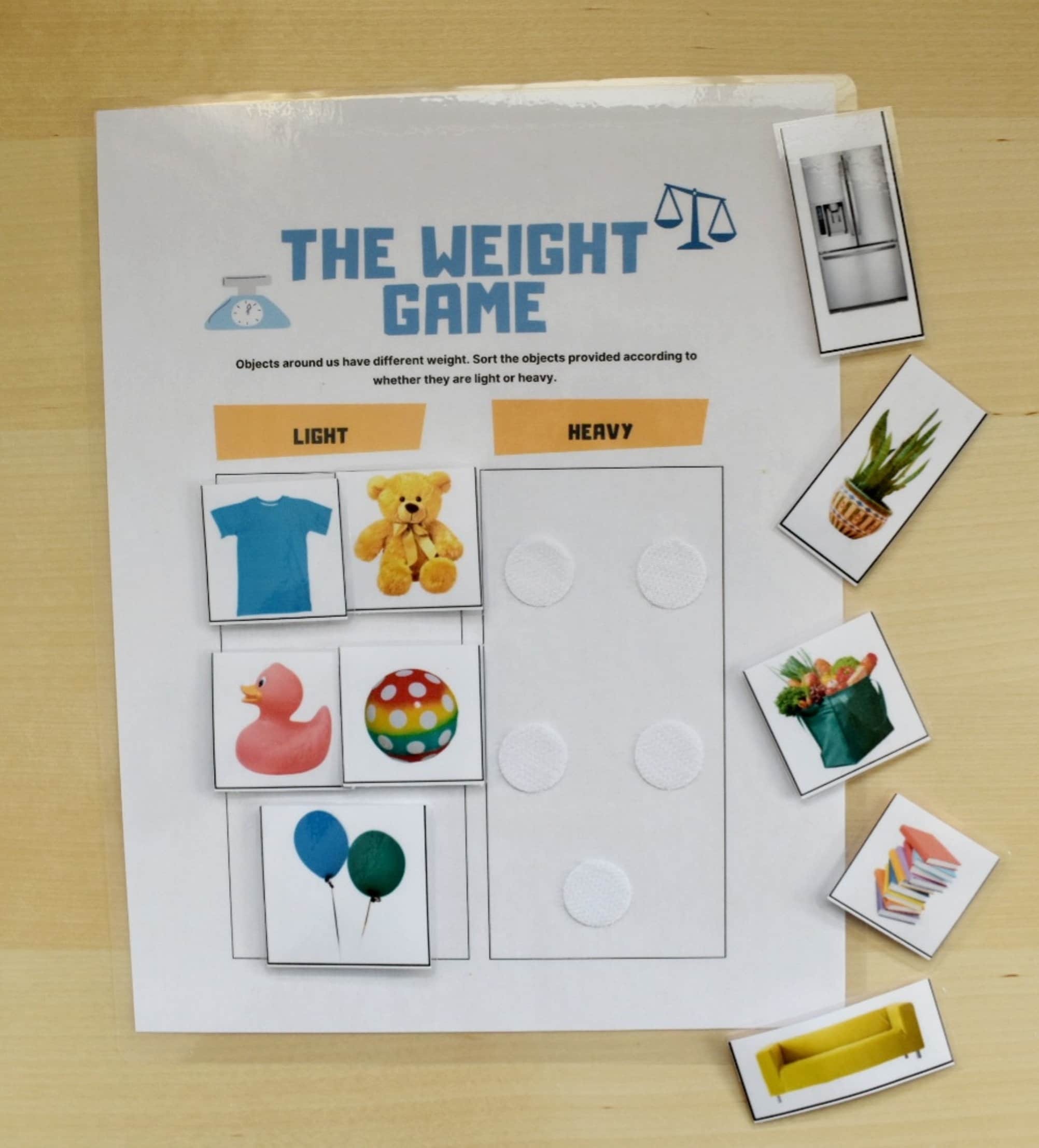 Preschool Printable Weight Sorting Game, Busy Book Page, Physics ...