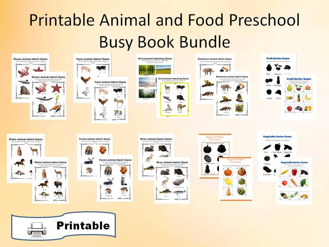 Printable Preschool Educational Worksheet Bundle, Animal and Food ...