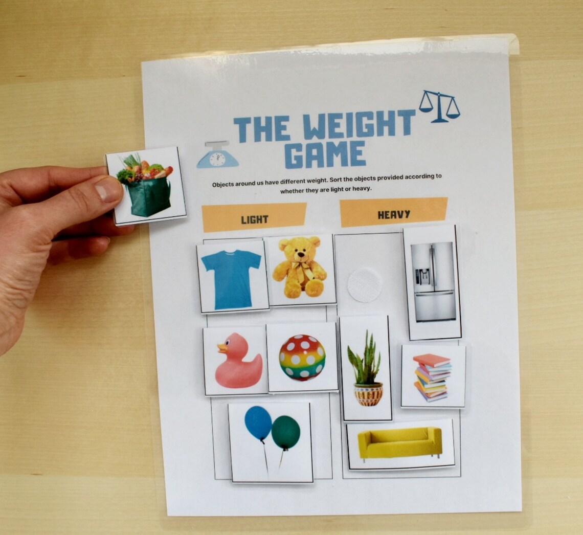 Preschool Printable Weight Sorting Game, Busy Book Page, Physics ...