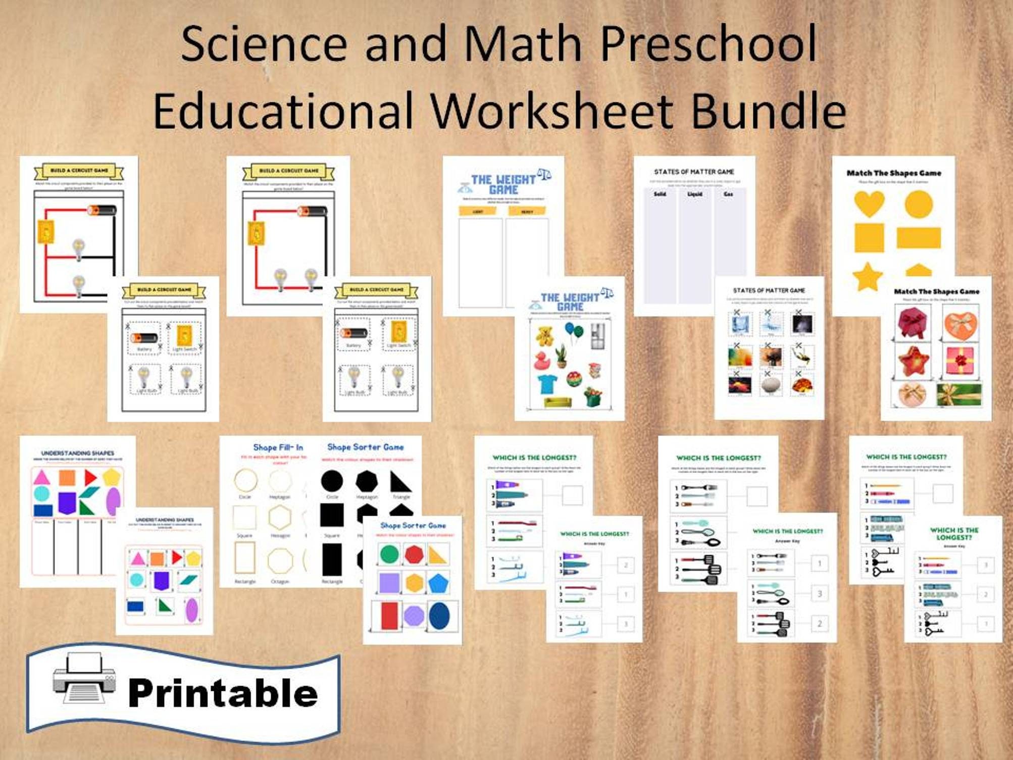 Printable Science and Math Preschool Educational Worksheet Bundle ...