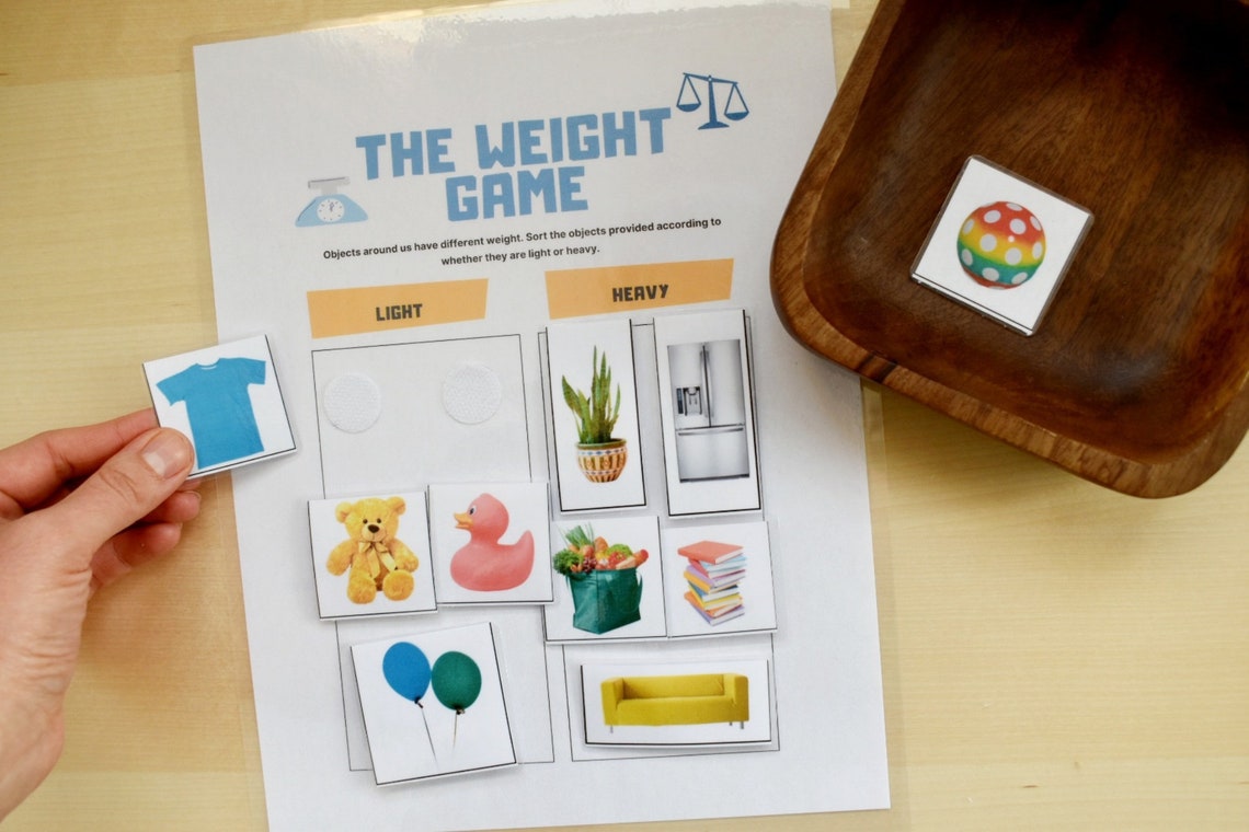 Preschool Printable Weight Sorting Game, Busy Book Page, Physics ...