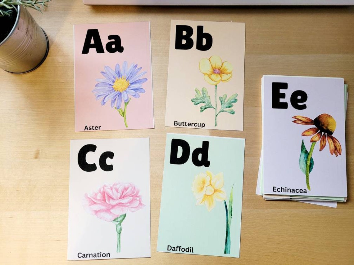 Flower Alphabet Cards, Watercolor Flower Cards, Toddler Activity ...