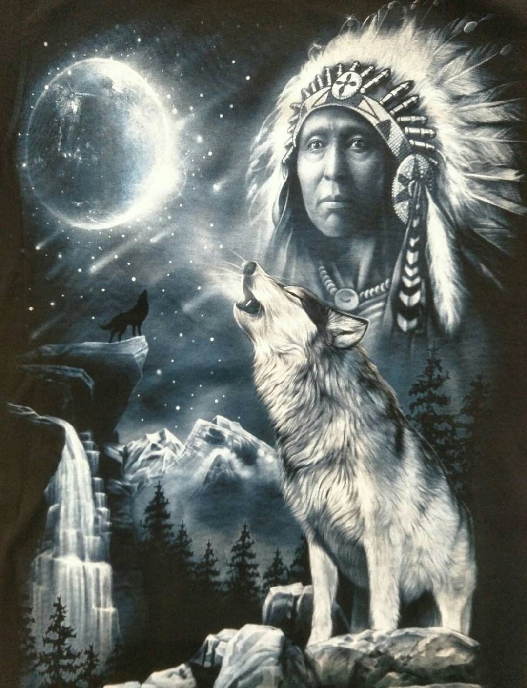 Native American Indian Chief With Howling Wolf on Full Moon. Bracket ...