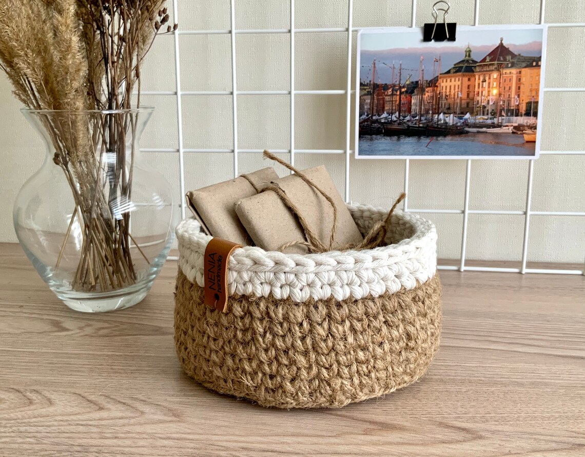 Häkeln Jute Korb mit weißen Seil Rand, Beige Korb für die Lagerung ...