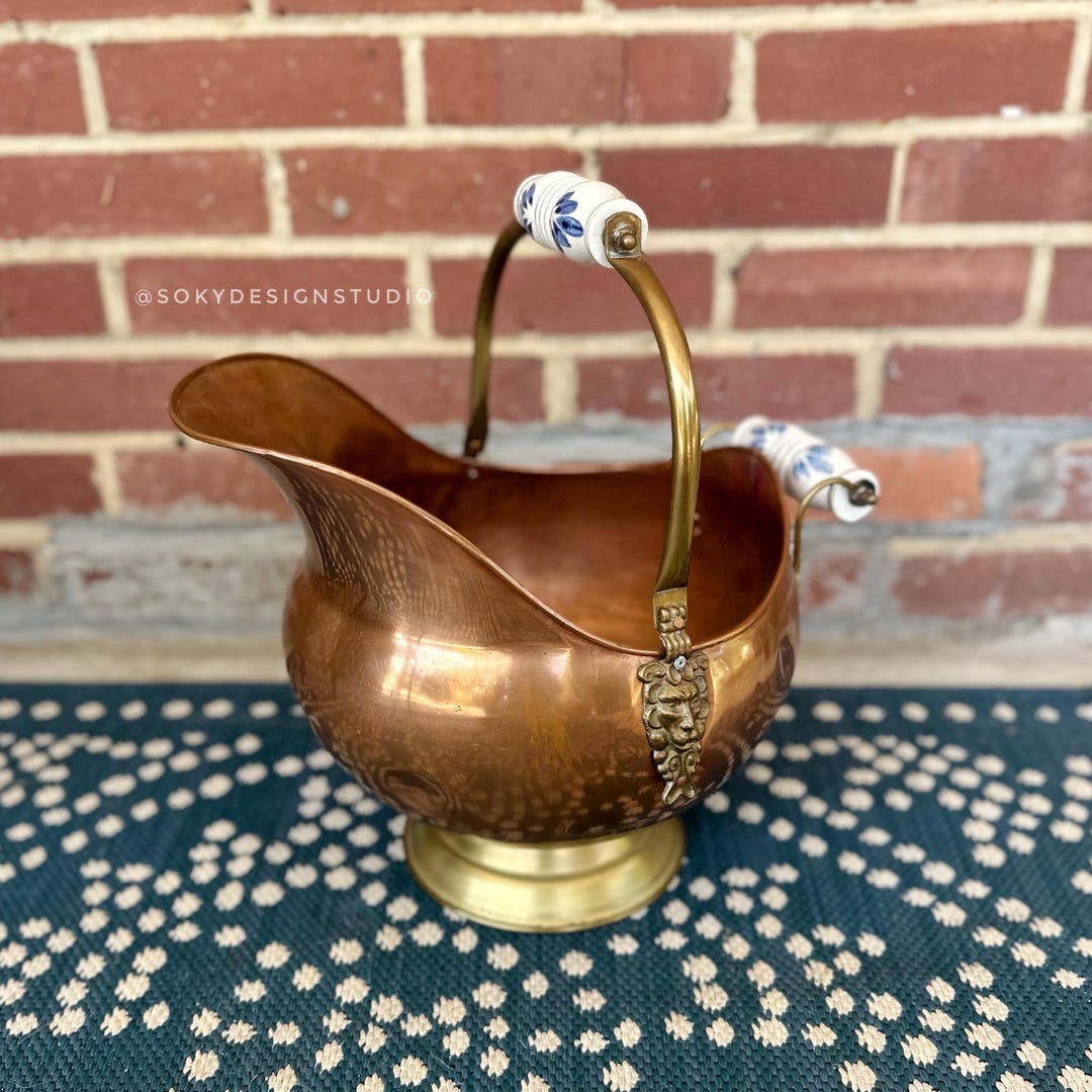 Vintage Copper Brass Coal Scuttle With Blue & White Ceramic Handles ...
