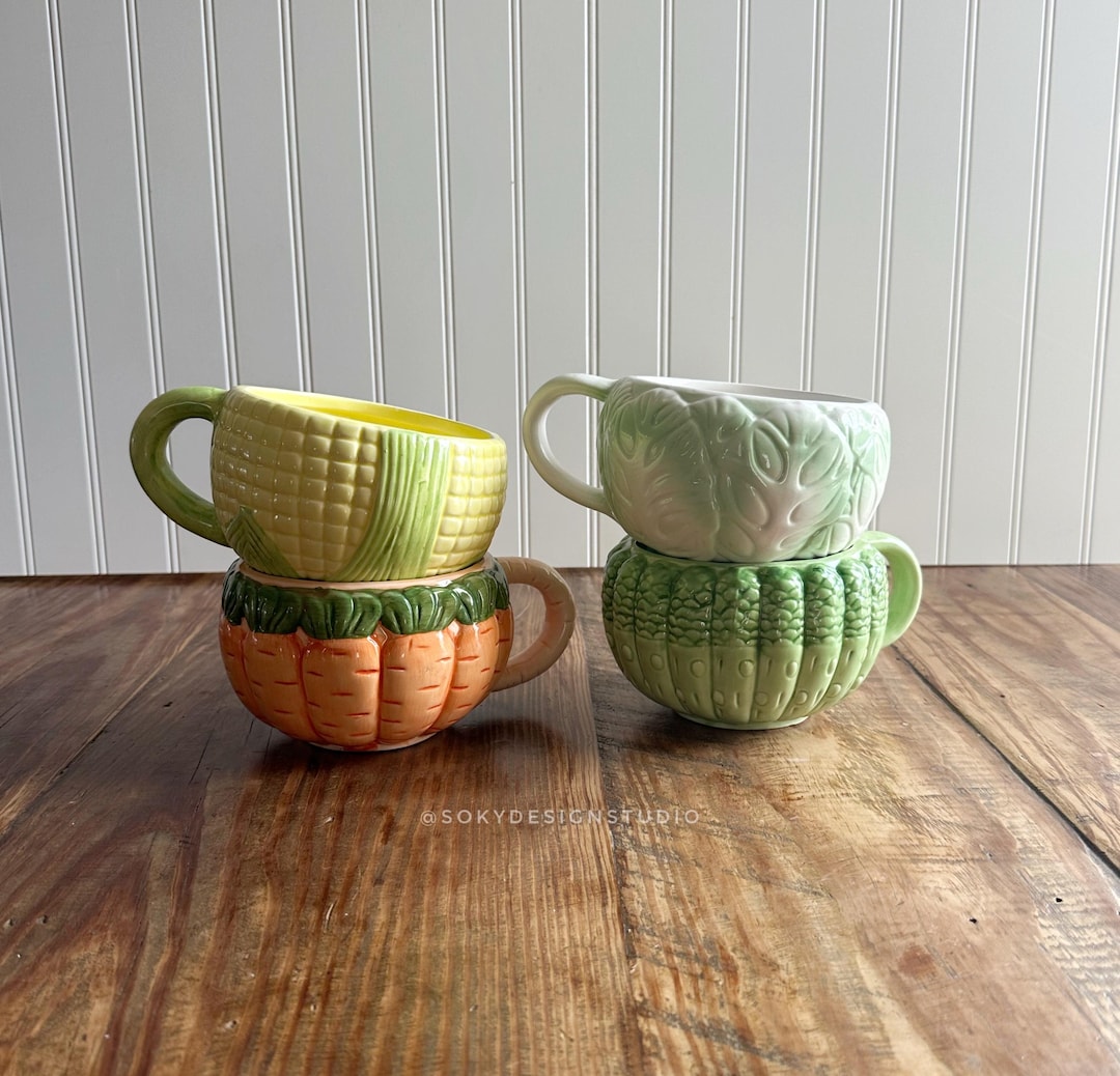 Vintage Majolica Vegetable Soup Mugs Set of 4 | Corn Carrot Cabbage ...
