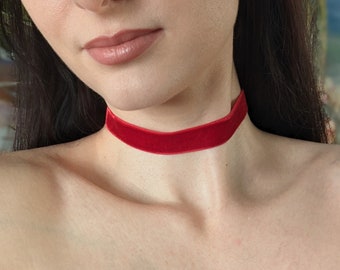 Red Velvet Choker, Red Choker, Velvet Choker, Red Necklace, Red Ribbon ...