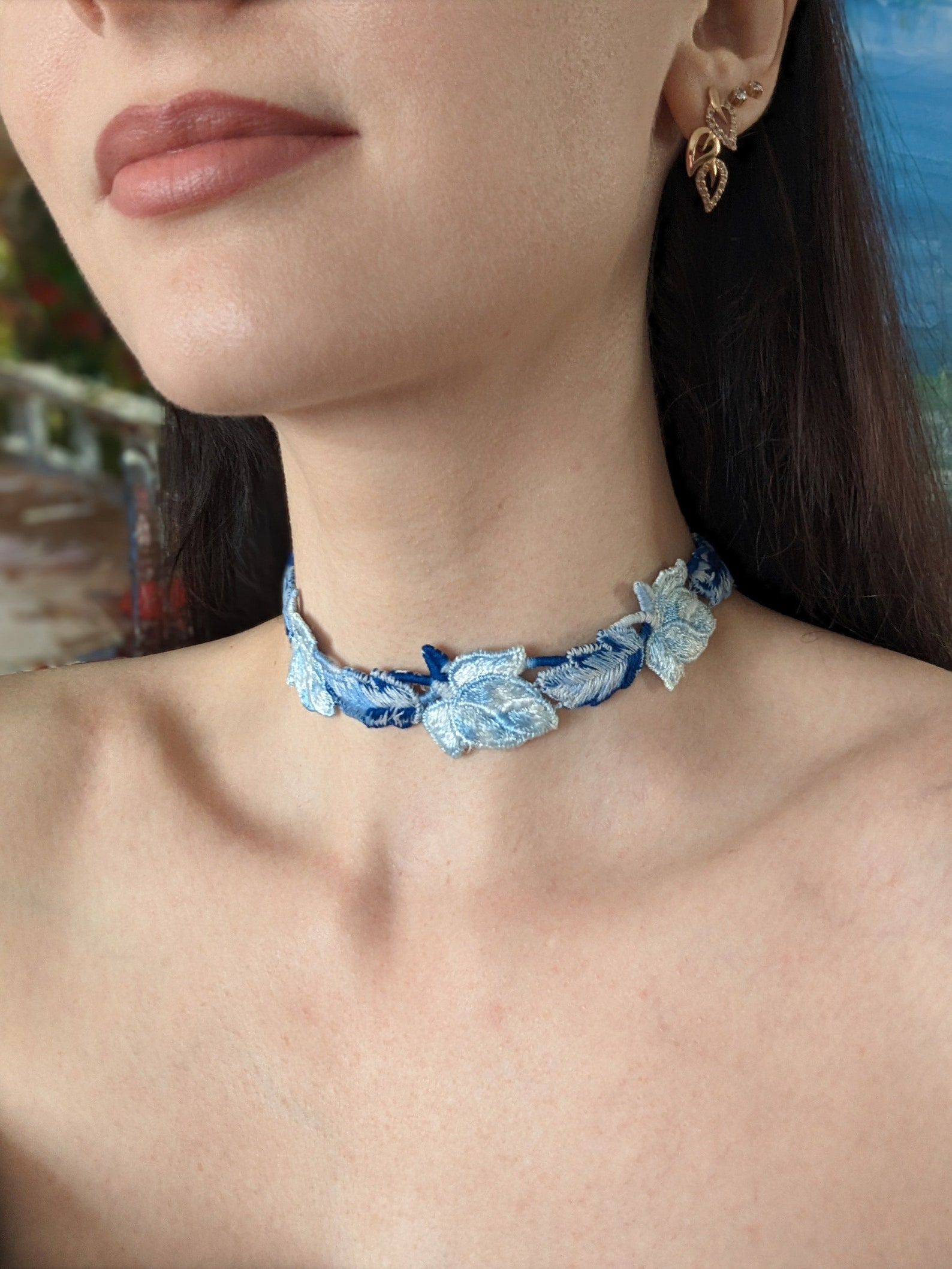 Blue Lace Choker Necklace With Leaves and Feathers - Etsy