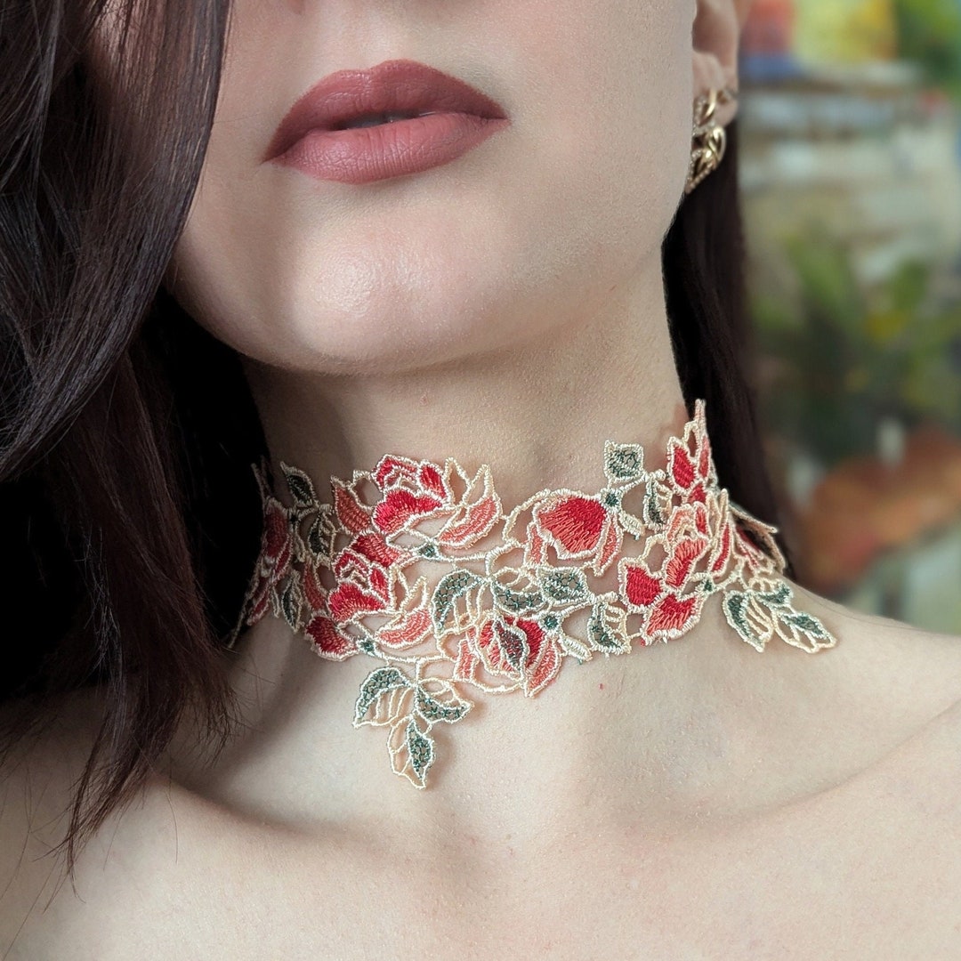Red Flowers and Leaves Layered Lace Choker Necklace - Etsy
