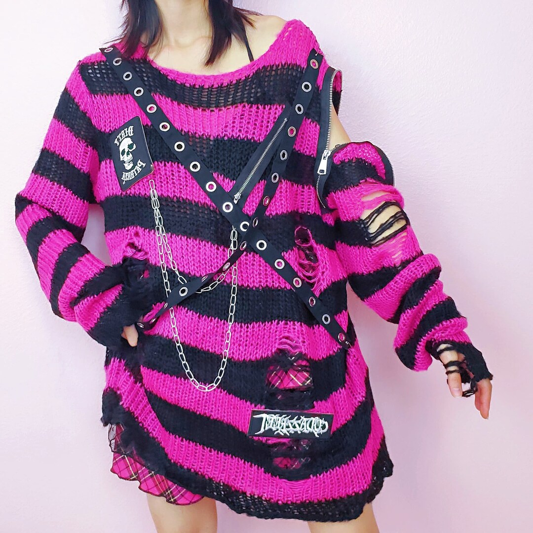 Red Emo Punk Chain Striped Zipped Distressed Sweater pink/purple Free ...