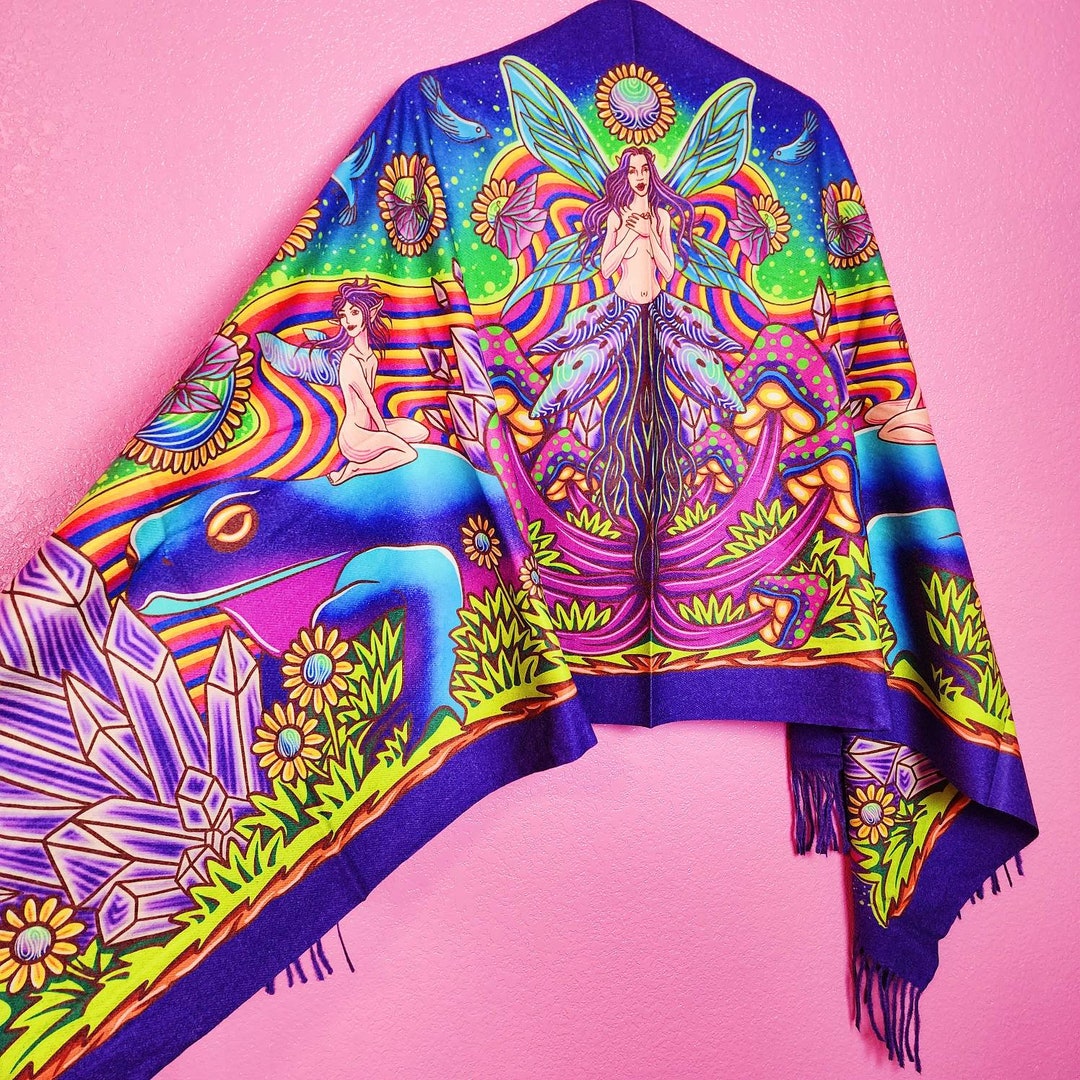 Trippy Fairycore Fringed Festival Rave Pashmina Scarf Shawl ( Free ...