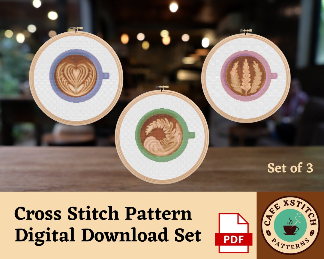 Latte Art Cross Stitch Pattern Set - 3 Digital Downloads - Cute Kitchen ...