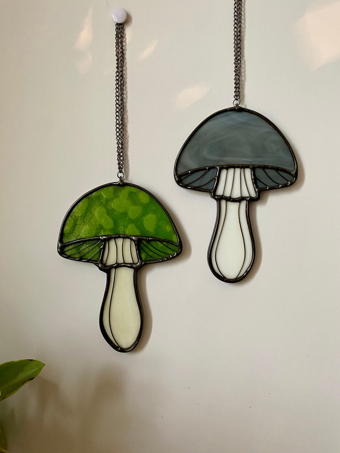 Stained Glass Mushroom Suncatcher Spotted Toadstool Green Grey / Wall ...