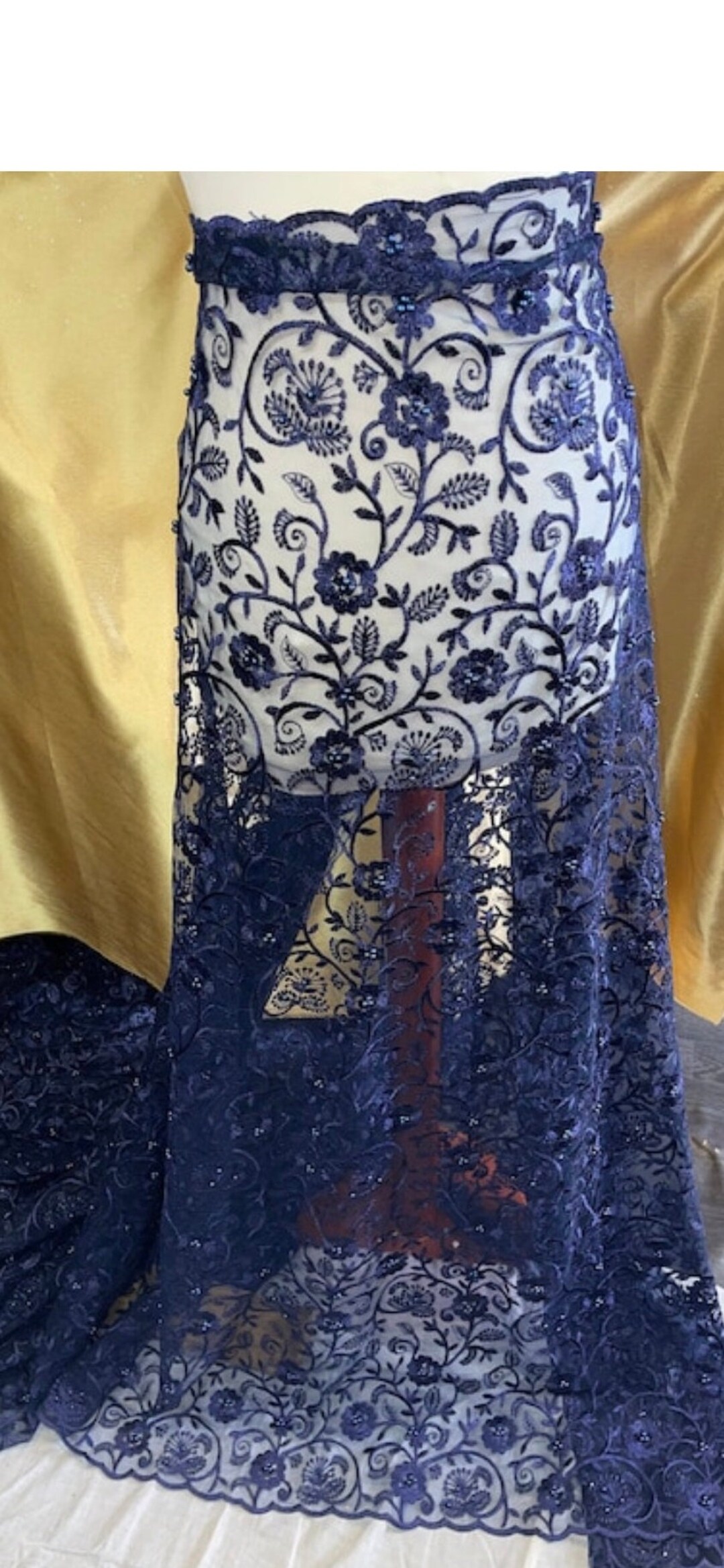 1m Navy Colour Lace Floral Dimond Studs & Pearls Embriouded Bridal Lace ...