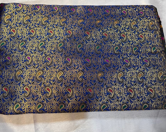 Royal Blue Gold Floral Metallic Brocade Fabric 58'' PRICE PER METER ...