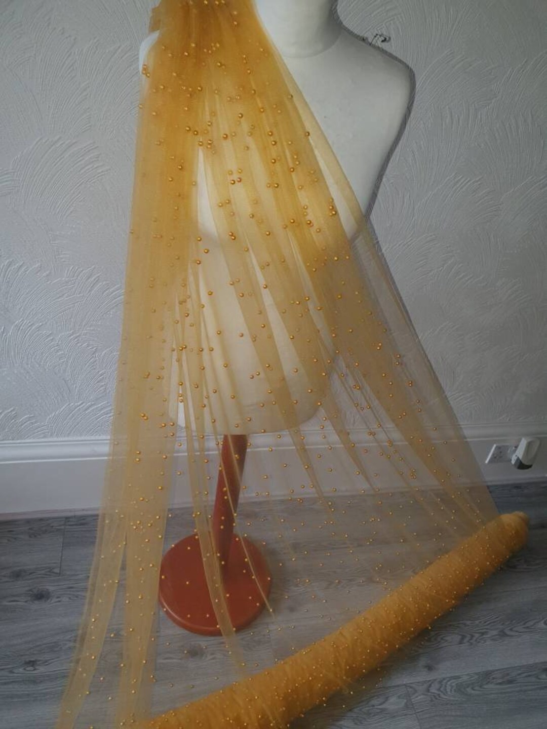 1.5 M Bridal Sunny Gold Color Veil Pearl Beaded Tulle Fabric 60” Wide ...