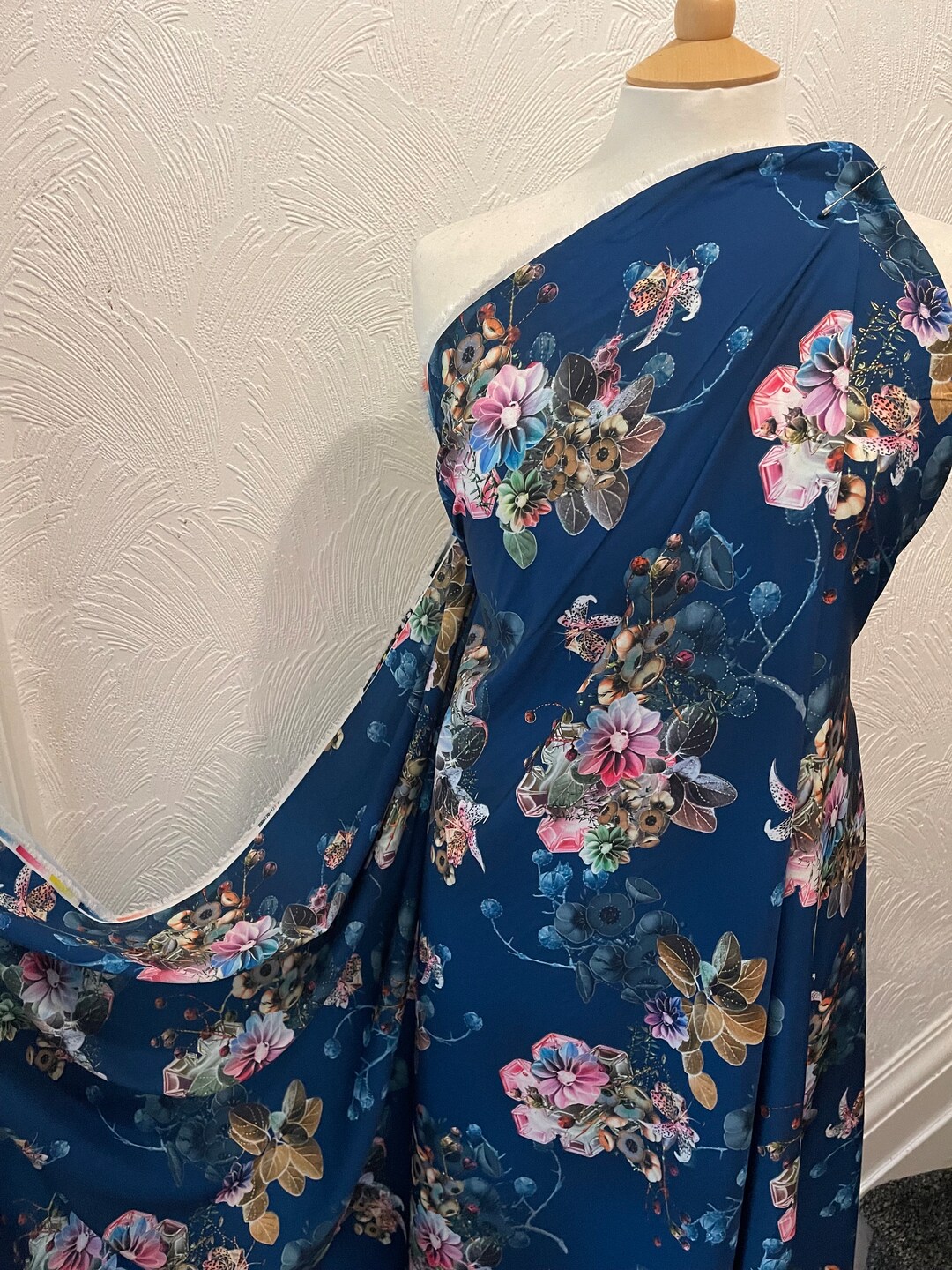 1m Foil Floral Teal Blue Multi Coloured 100% Polyester Smooth Satin ...