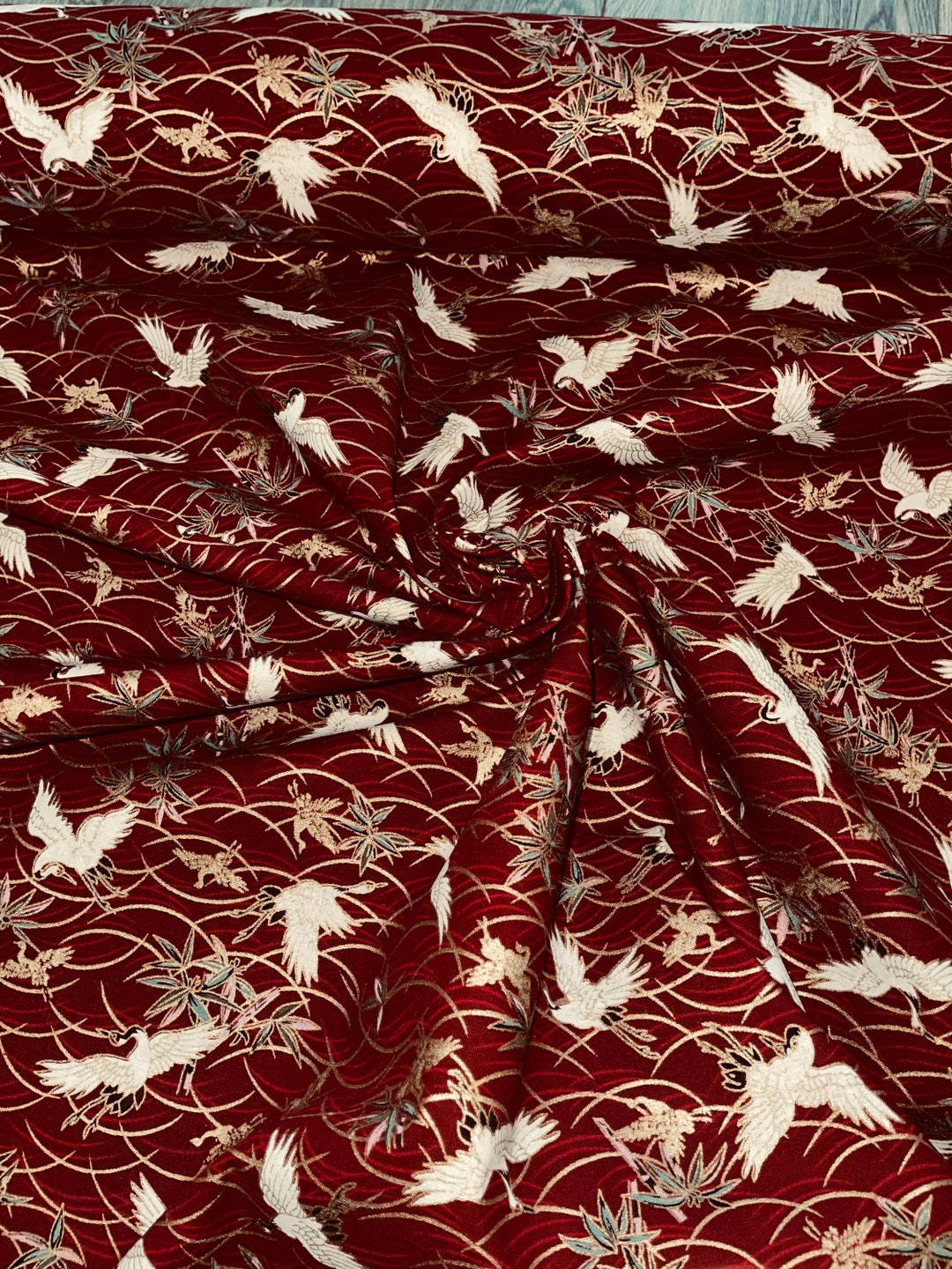 1m Japanese Oriental Maroon Gold Multi Colour Foil Crane Bird Printed ...