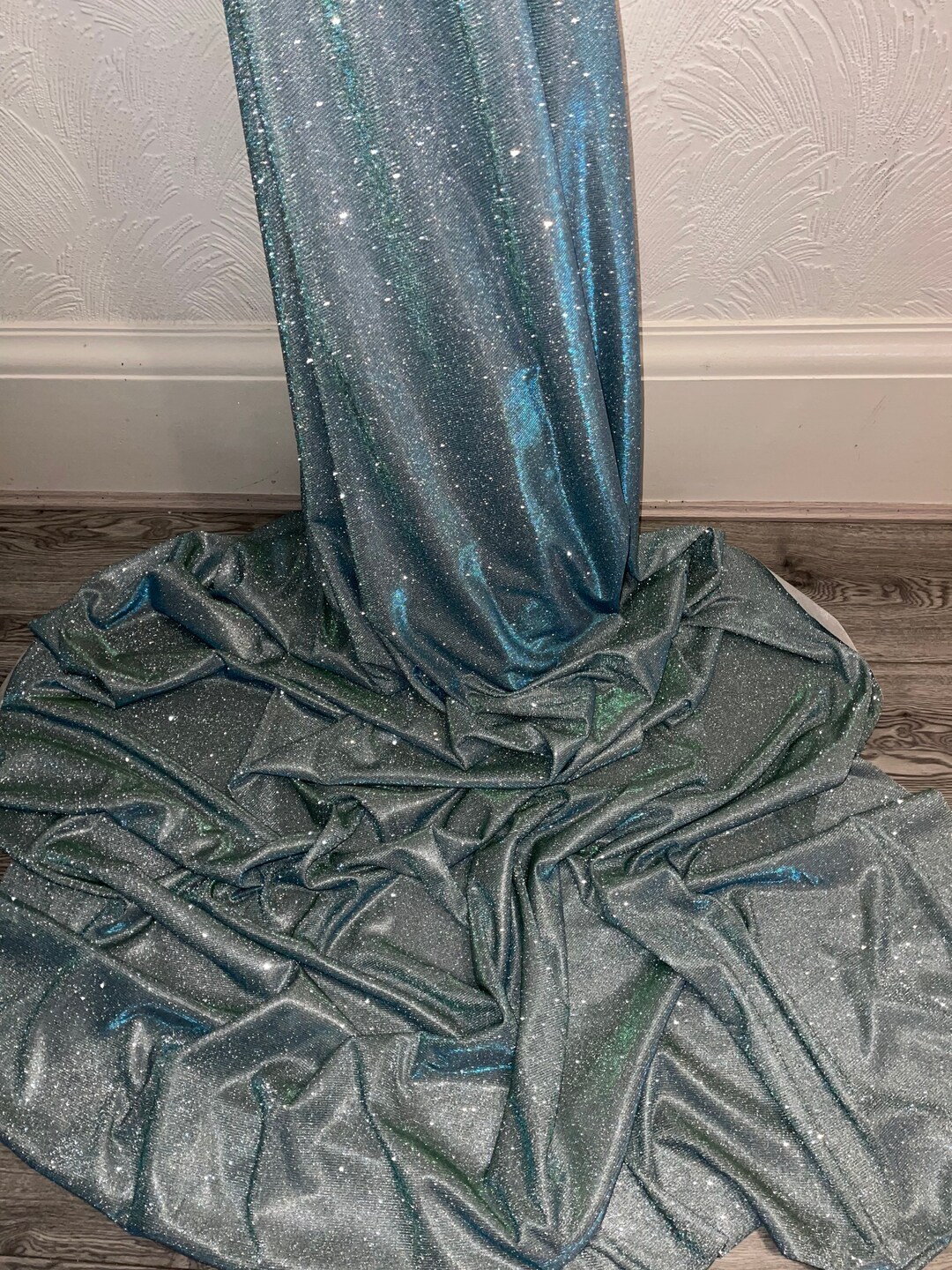 1m Lurex Sky Blue Green Two Tone Sparkly Moonlight Slight Strech Fabric ...