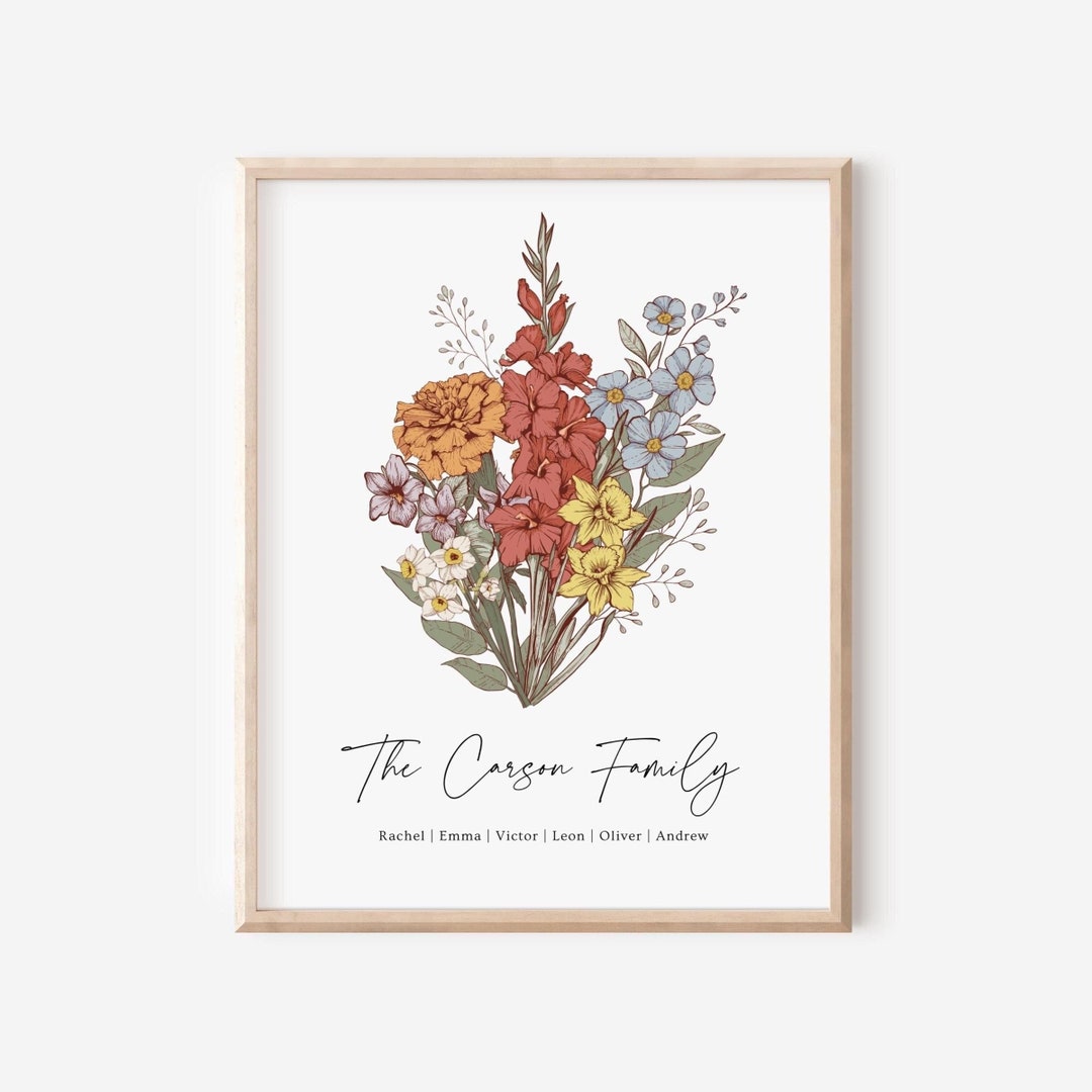 Birth Flower Family Bouquet, Custom Birth Month Flower Print, Mother's ...