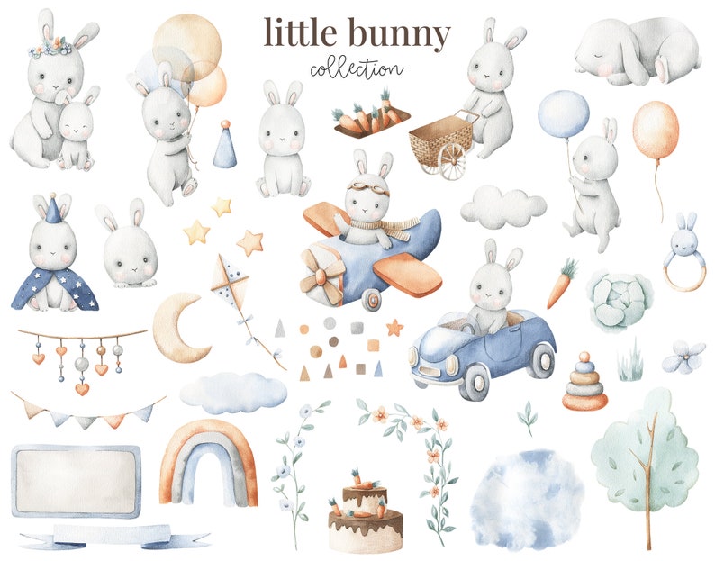 Little Bunny Watercolor Clipart, Animal Pilot, Driver, Kids Clipart ...