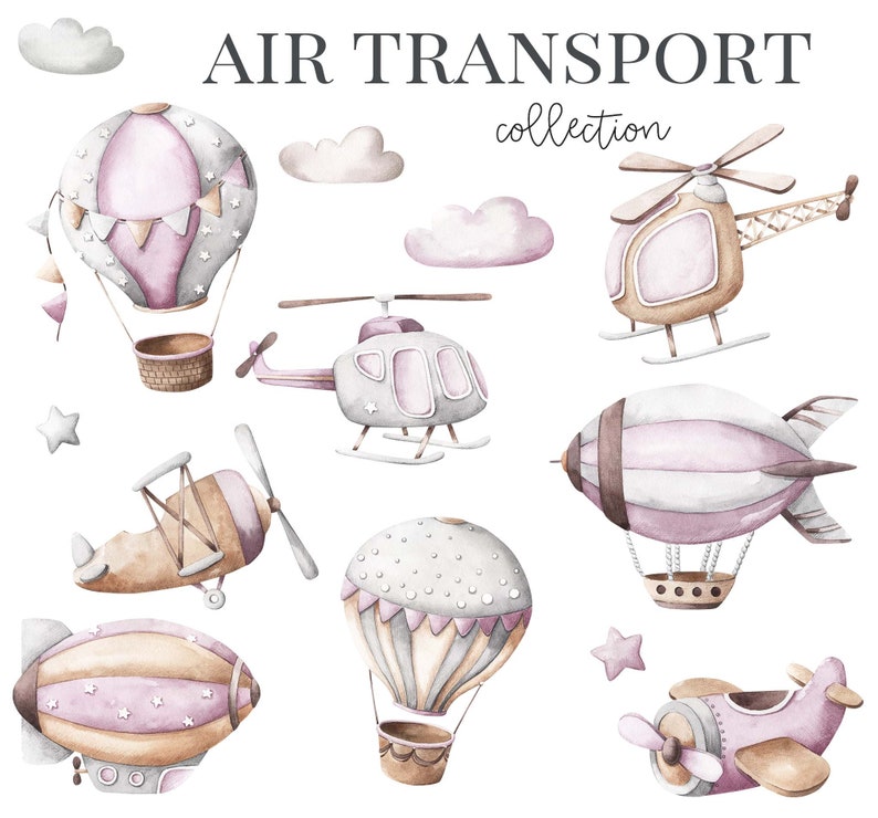 Air Transport Watercolor Clipart, Helicopter Hot Air Balloon Zeppelin ...