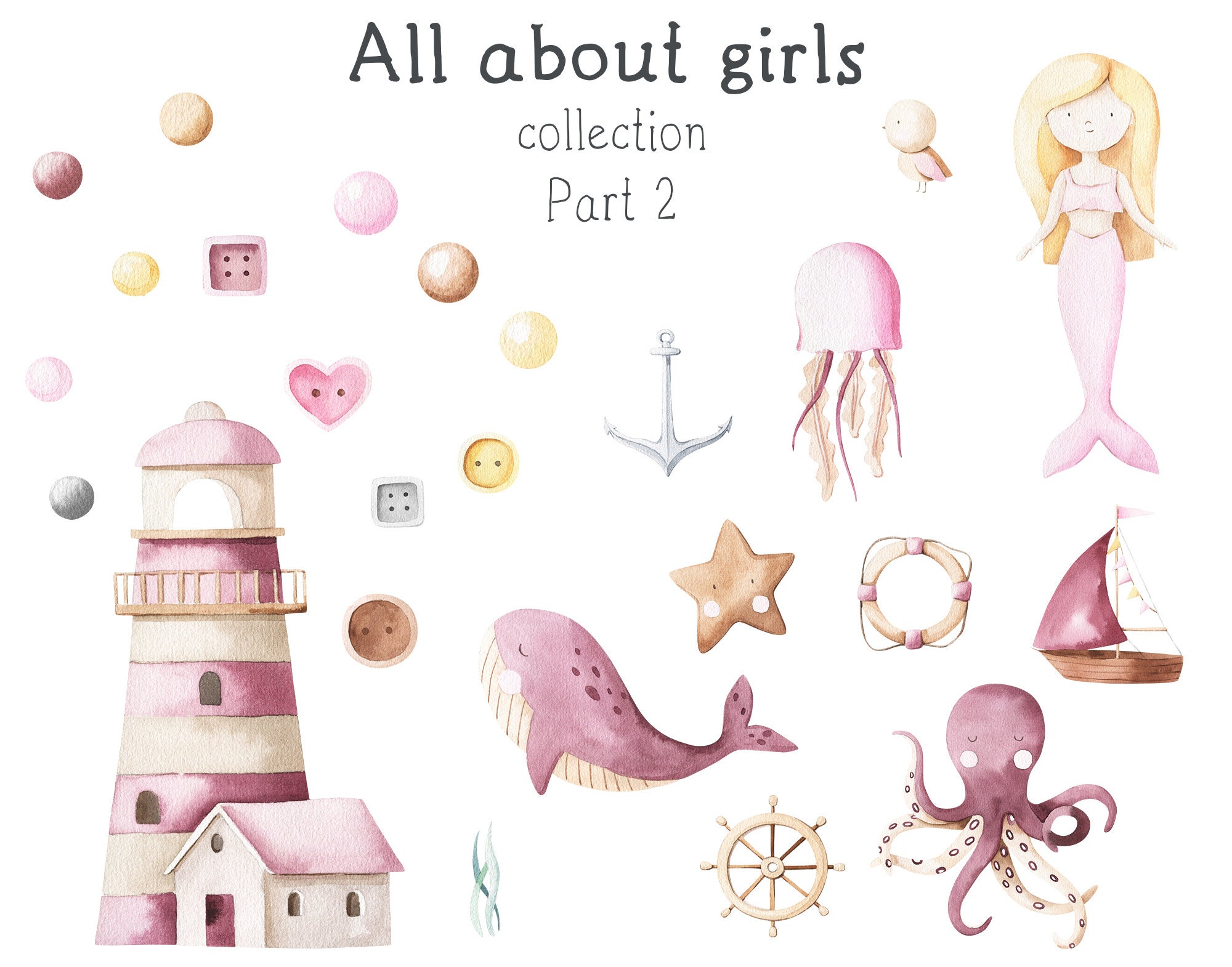 Watercolor Baby Girl Clipart. Baby Girl Nautical Clip Art Baby Shower ...