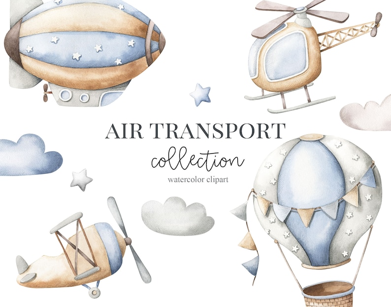 Air Transport Watercolor Clipart, Helicopter Hot Air Balloon Zeppelin ...