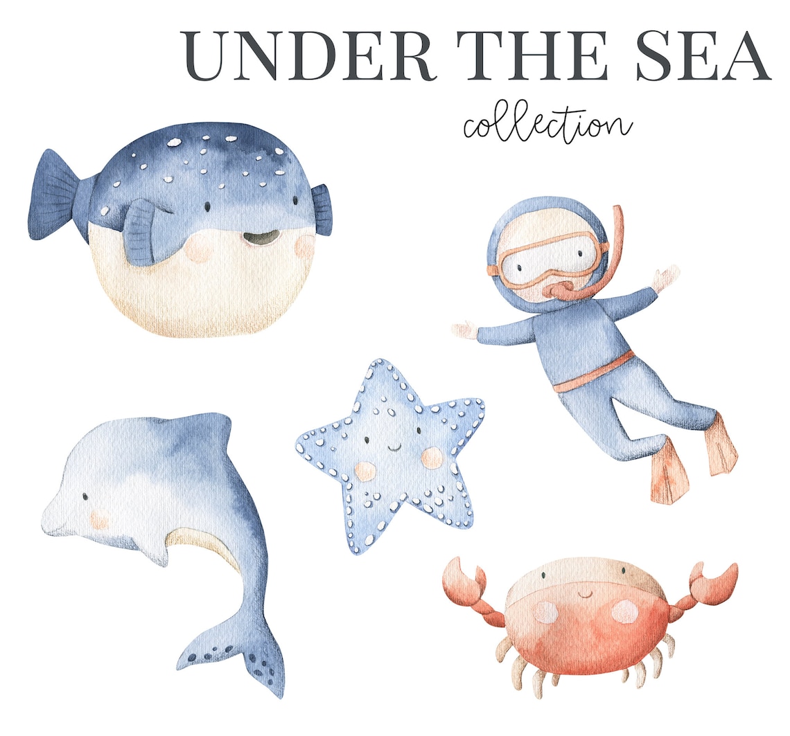 Watercolor Under the Sea Clipart. Baby Boy Nautical Clip Art - Etsy ...
