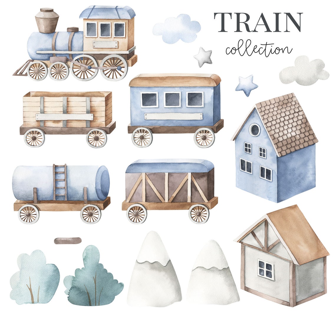 Watercolor Train Clipart, Rail Wagons Watercolor, Kids Clipart, Nursery ...