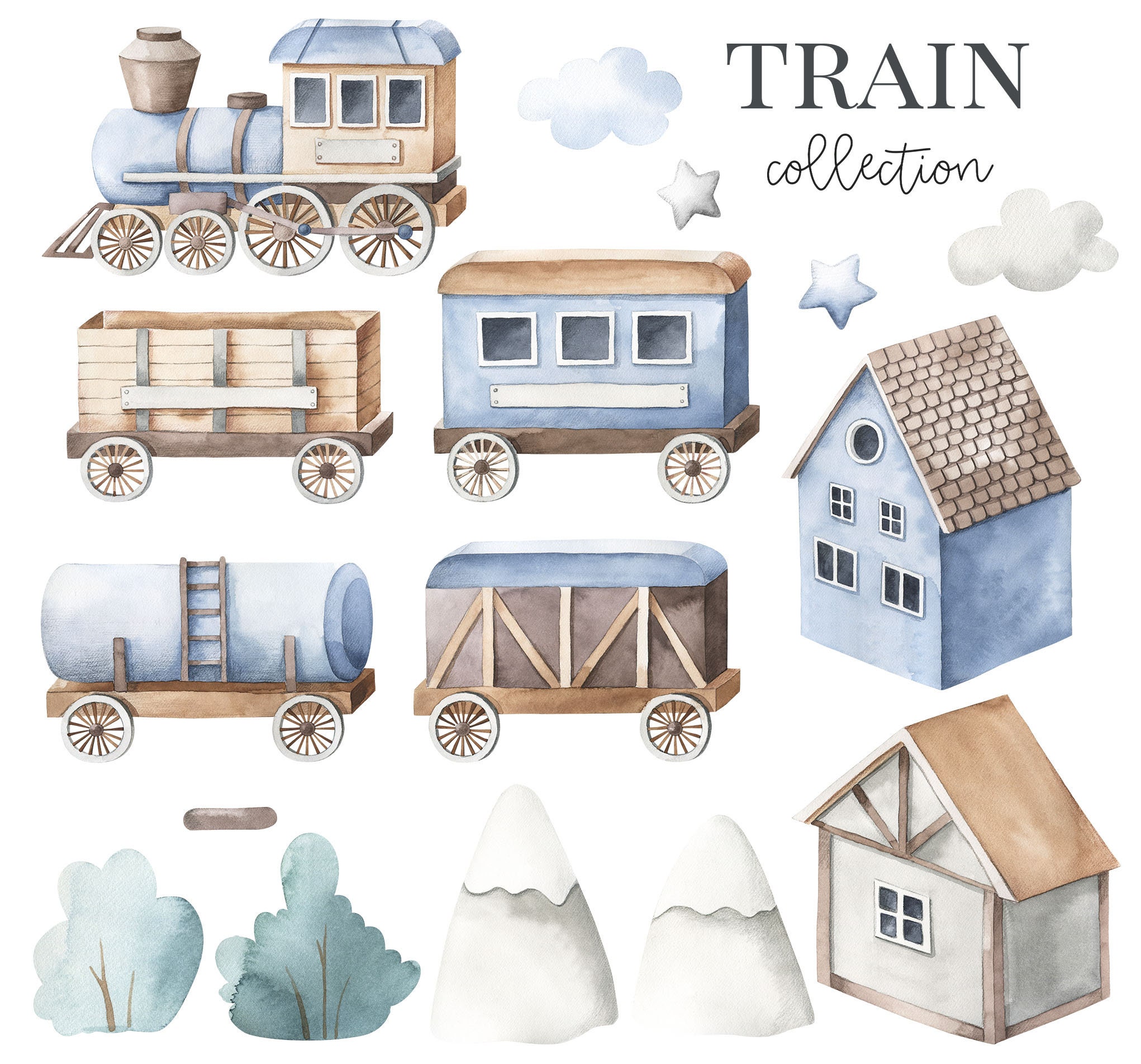 Watercolor Train Clipart Rail Wagons Watercolor Kids - Etsy India