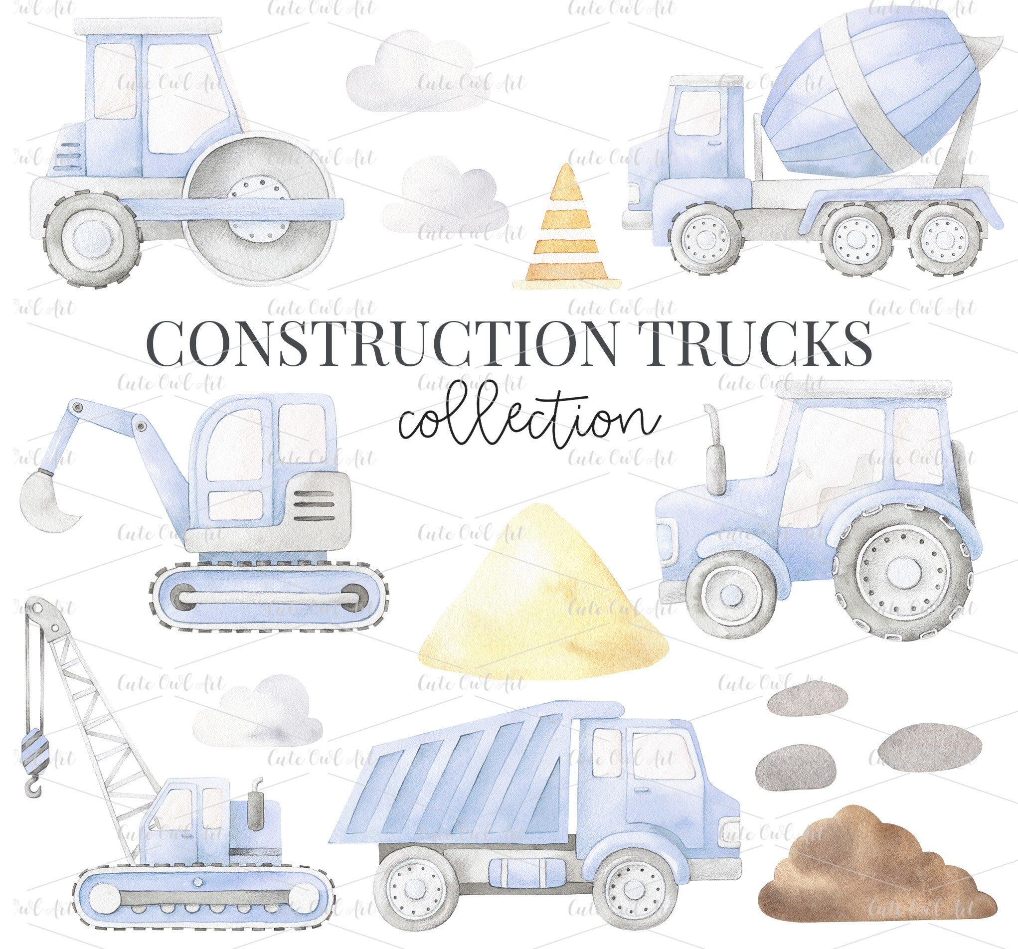 Watercolor Construction Trucks, Construction Cars, Boys Clipart ...